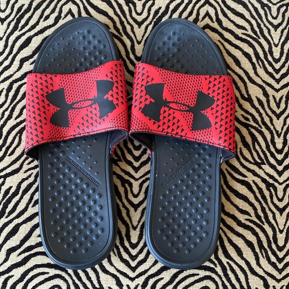Under Armour | Shoes | Under Armour Slides 1 Worn Once Red Black Beach ...
